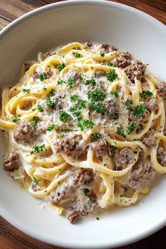 Creamy Ground Beef Alfredo Pasta – Cooking With Laura